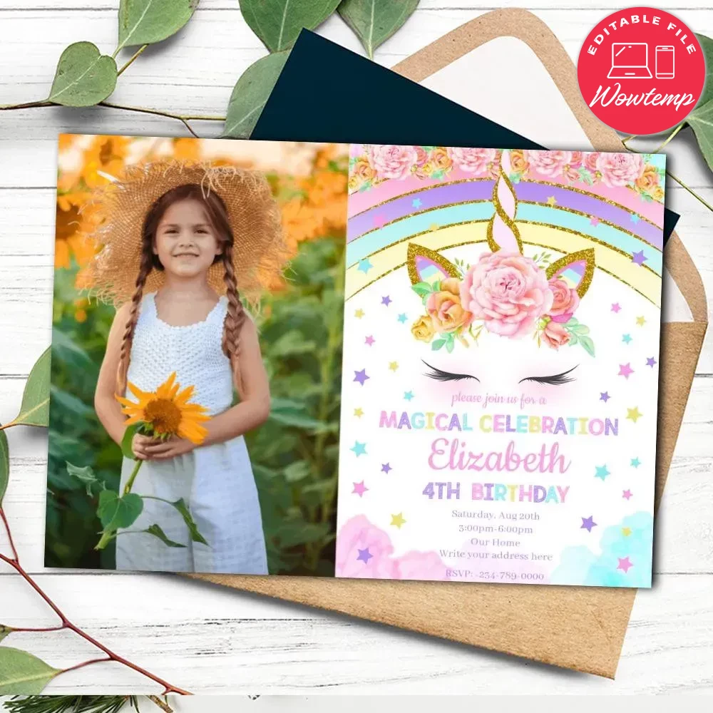 Happiest Rainbow Unicorn Birthday Flyer with Photo Printable | Wowtemp