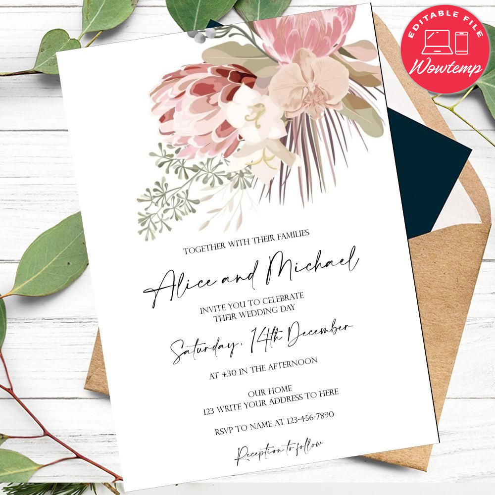 Protea Wedding Invitation Customizable Template Instant Download | Zingtemp