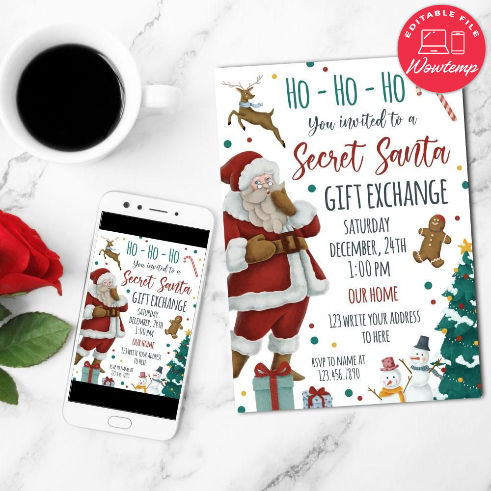 Secret Santa gift exchange Invitation Customizable Template DIY | Wowtemp