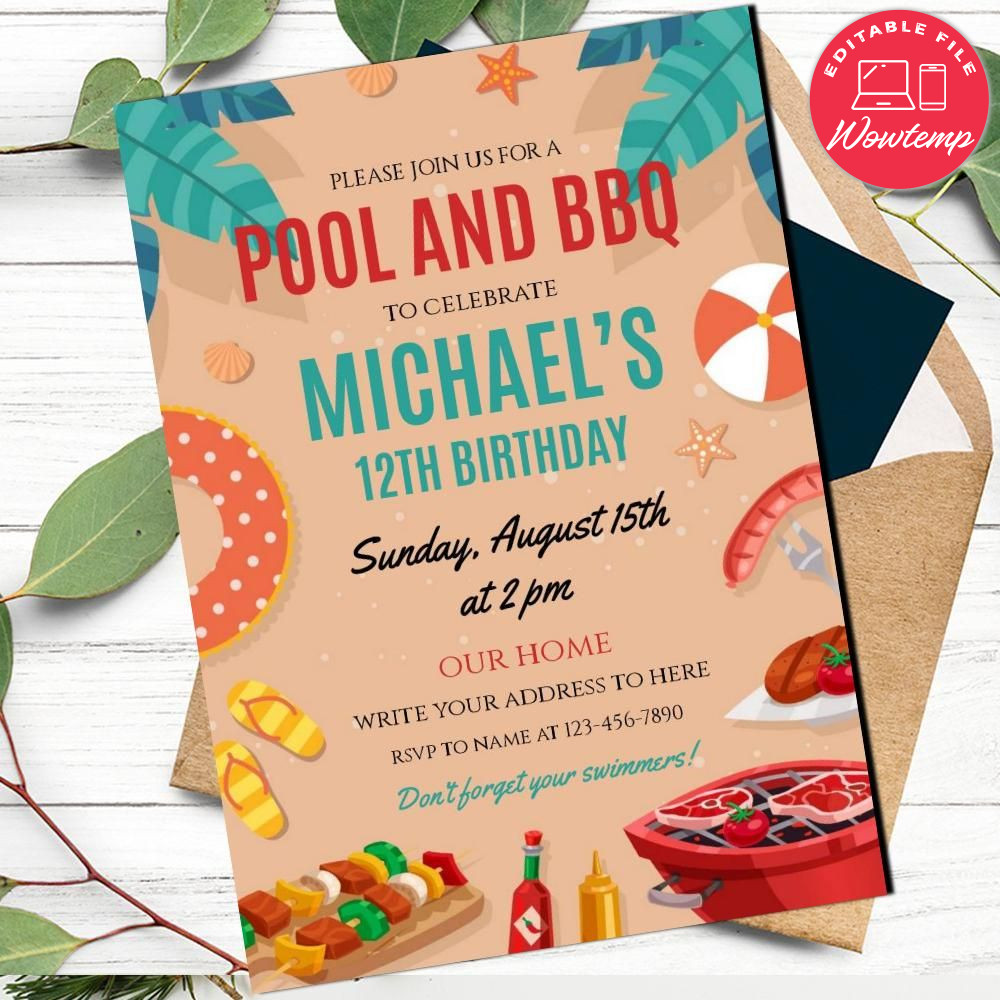 Pool BBQ Party Invitation Customizable Template Printable Instant | Wowtemp