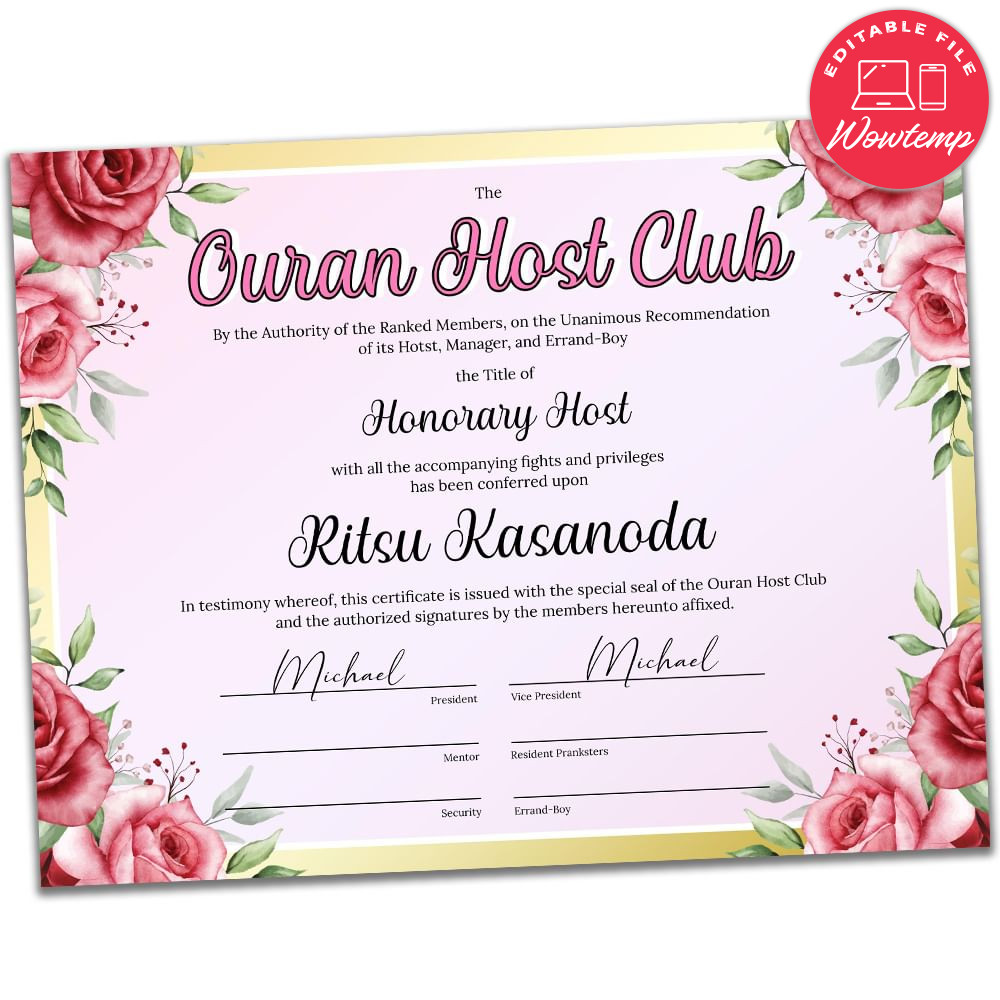 Ouran High School Host Club Award Certificate Template DIY | Wowtemp