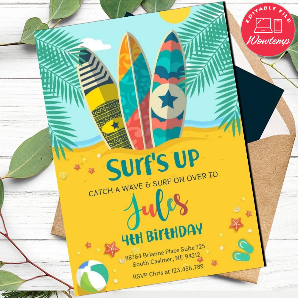 Surf Invitation Customizable Template Instant Download | Wowtemp