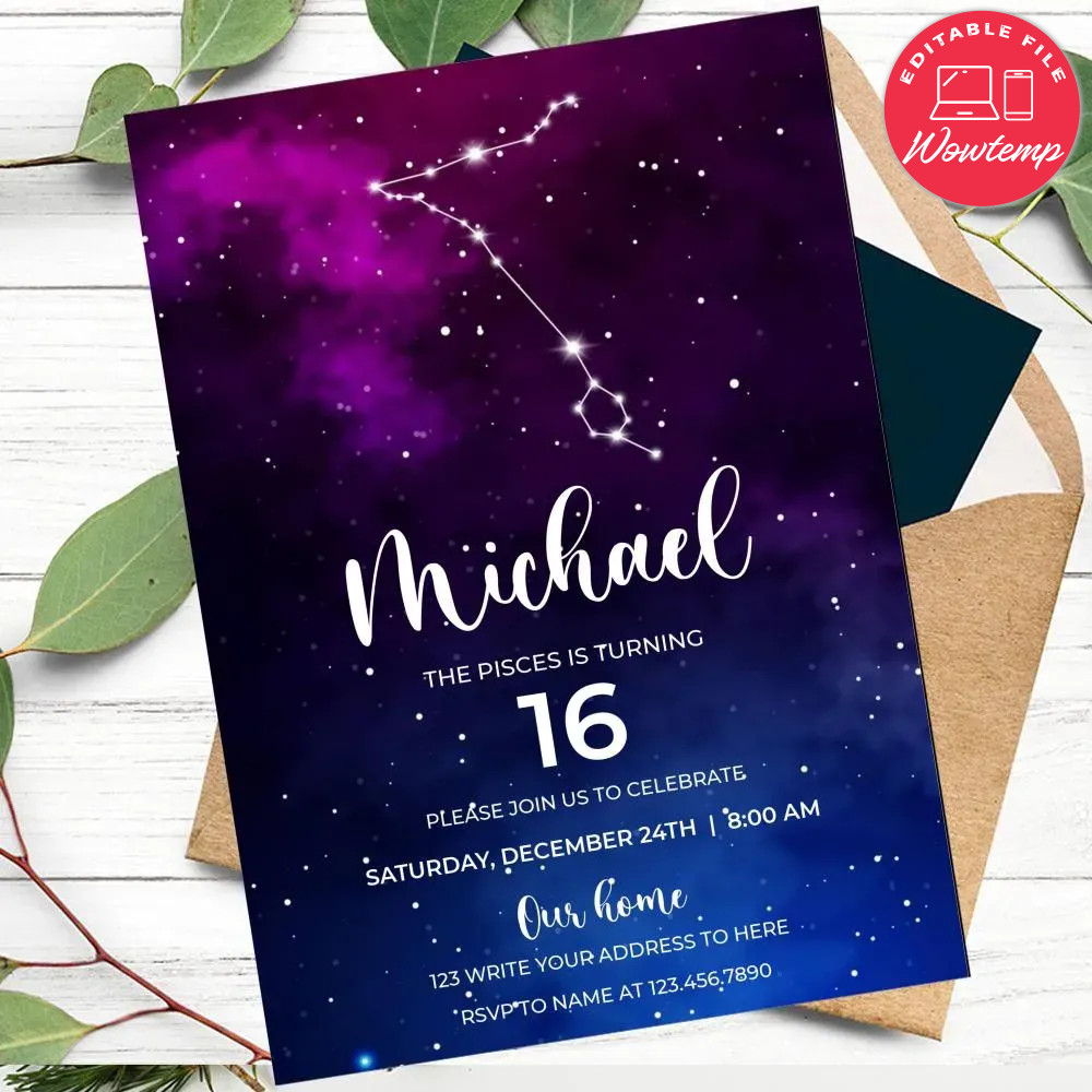 Pisces Zodiac Birthday Flyer Customizable Template DIY | Wowtemp