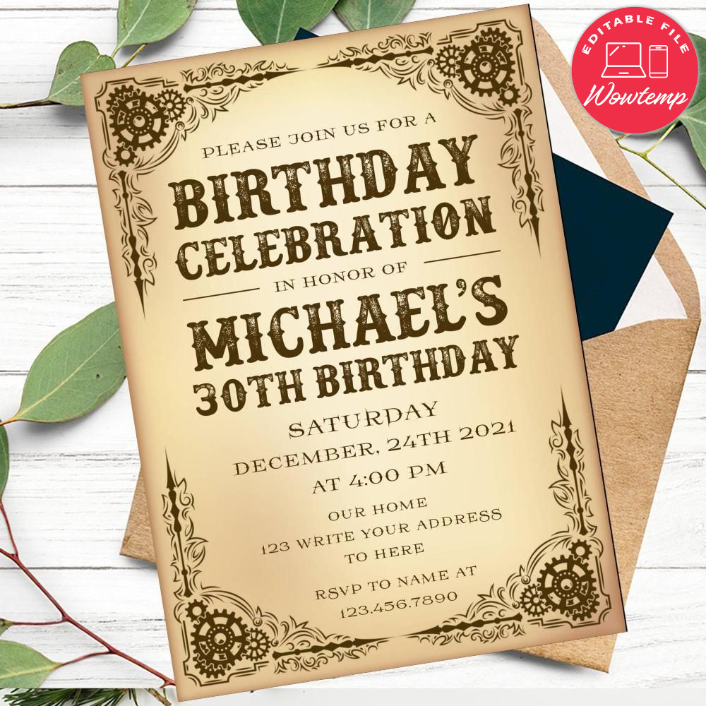 Steampunk Birthday Invitation Customizable Template DIY | Wowtemp