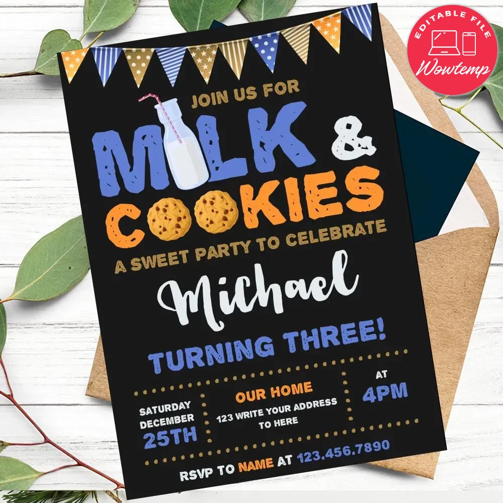 Cookie and milk Invitation Customizable Template DIY | Wowtemp