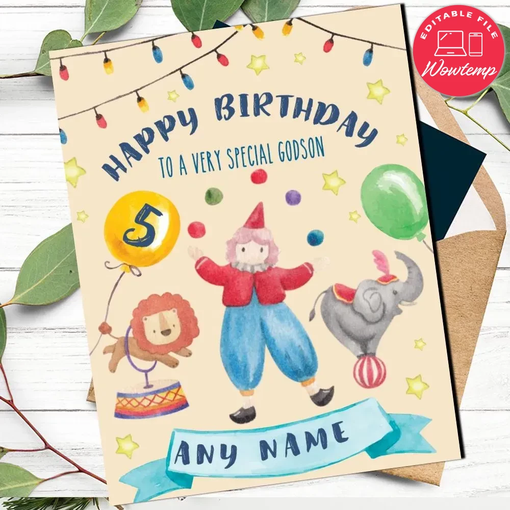 Circus Happy Birthday Card Customizable Template Instant Download | Wowtemp