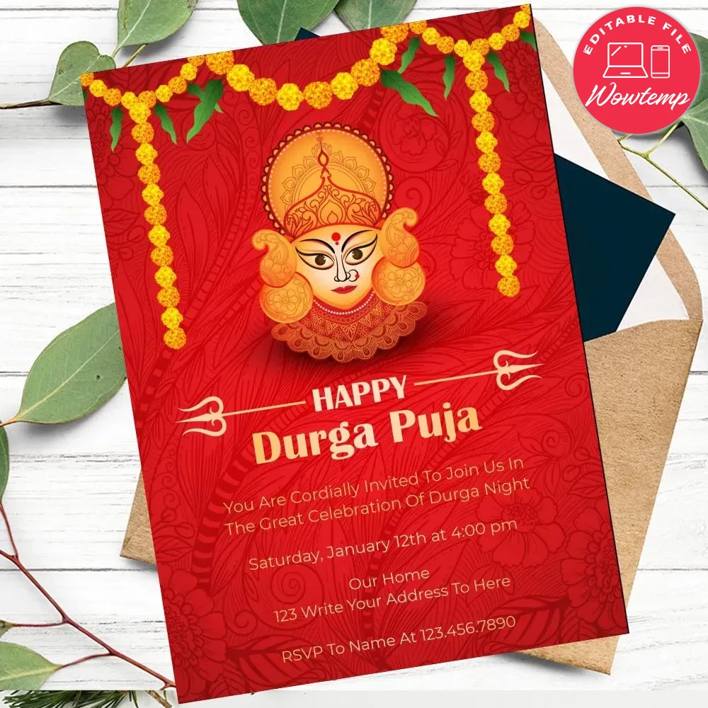 Durga puja Invitation Customizable Template Instant Download | Wowtemp