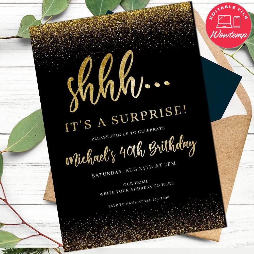 Gold Glitter Surprise Birthday Flyer Customizable Template | Wowtemp
