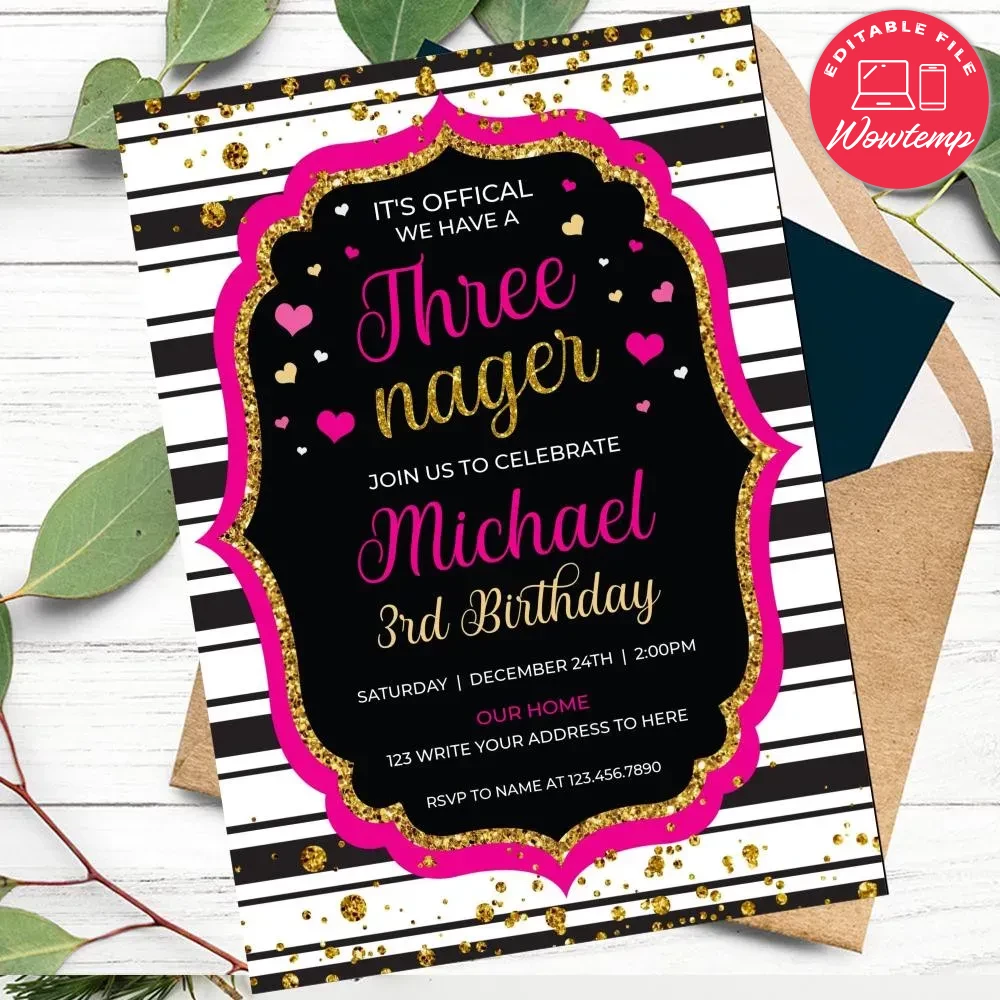 Threenager Invitation Customizable Template DIY | Wowtemp