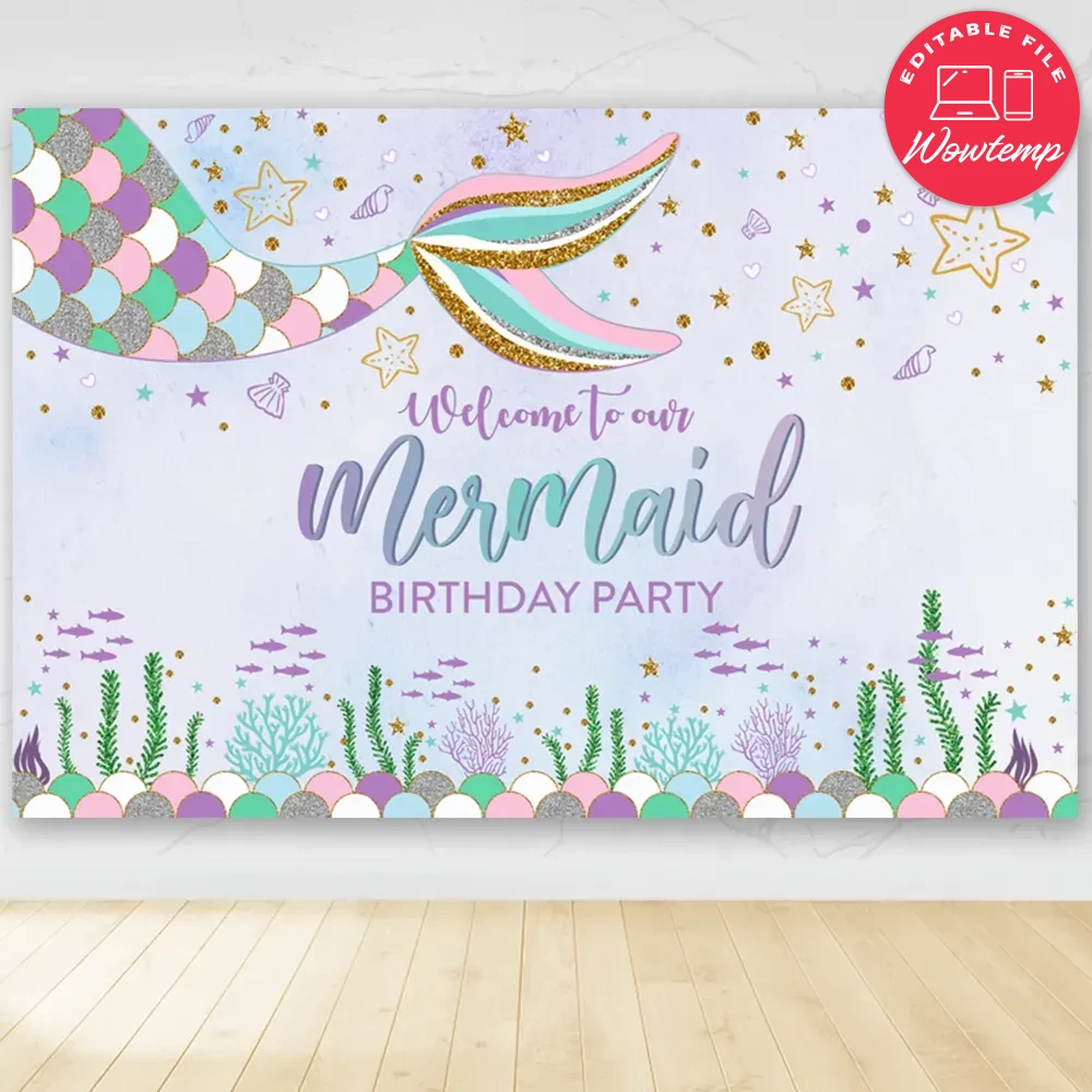 Mermaid Birthday Party Banner Backdrop Printable DIY | Wowtemp