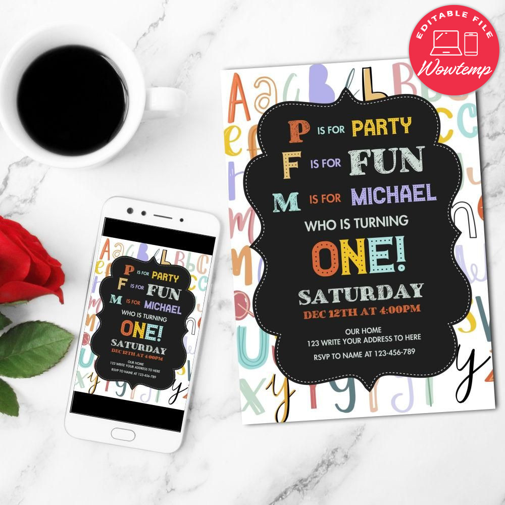 Alphabet Birthday Invitation Customizable Template DIY | Wowtemp