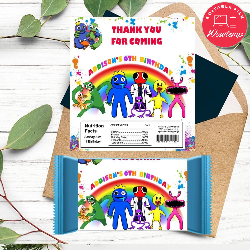 Rainbow Friends Roblox Candy bar Label Customizable Template DIY | Wowtemp
