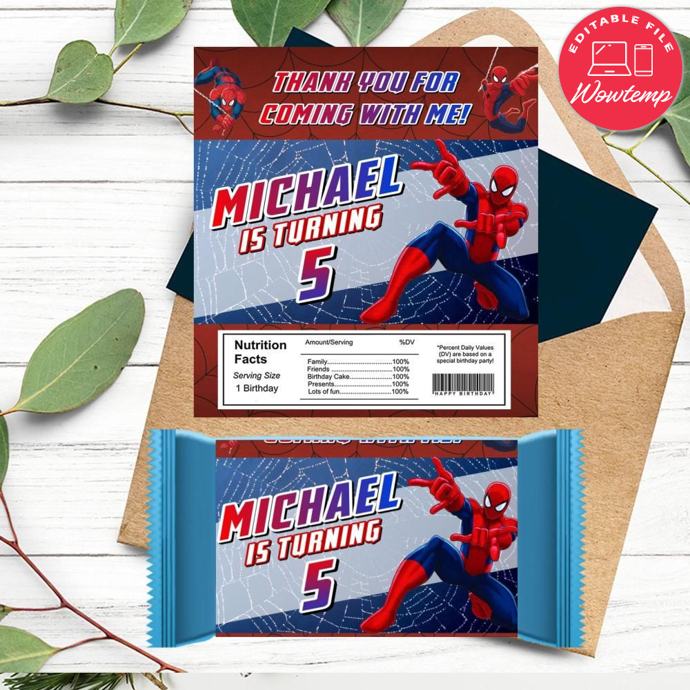 Spiderman Candy bar Label Customizable Template DIY | Wowtemp