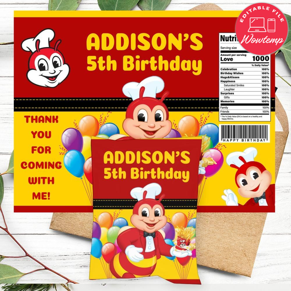 Jollibee Birthday Party Chip Bag Digital File DIY | Wowtemp