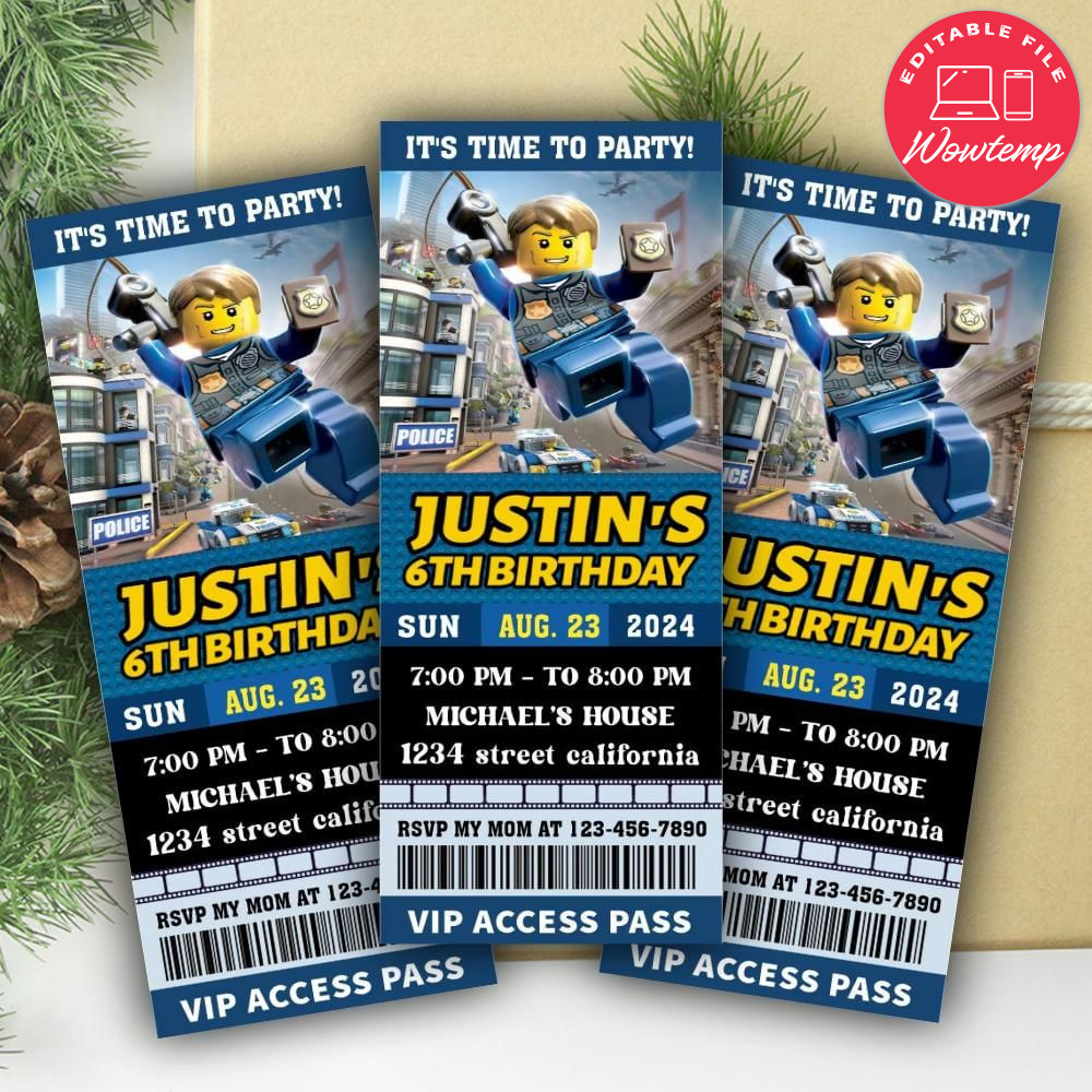 Lego City Ticket Invitation Customizable Template | Wowtemp