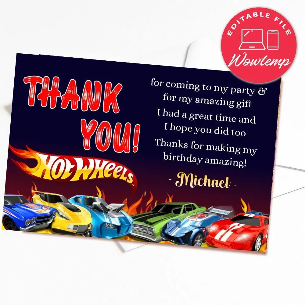 Hot Wheels Thank you card Customizable Template DIY | Wowtemp