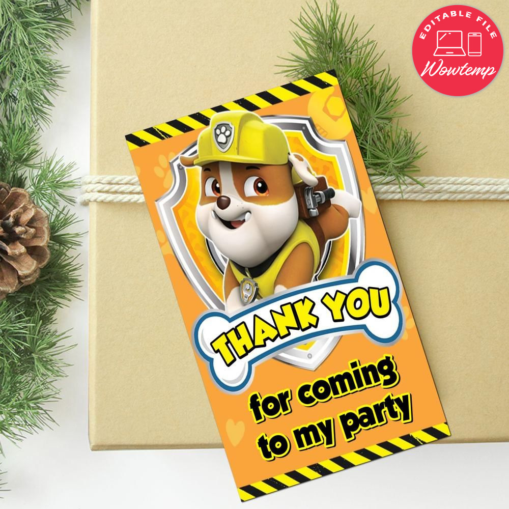 Rubble Paw Patrol Thank You Tag Customizable Template | Wowtemp