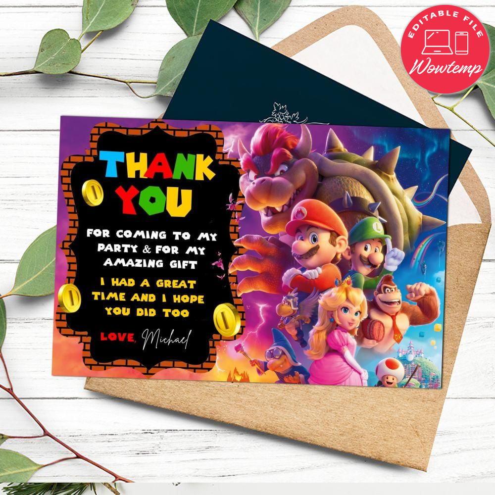 Super Mario Bros Thank You Card Customizable Template DIY | Wowtemp