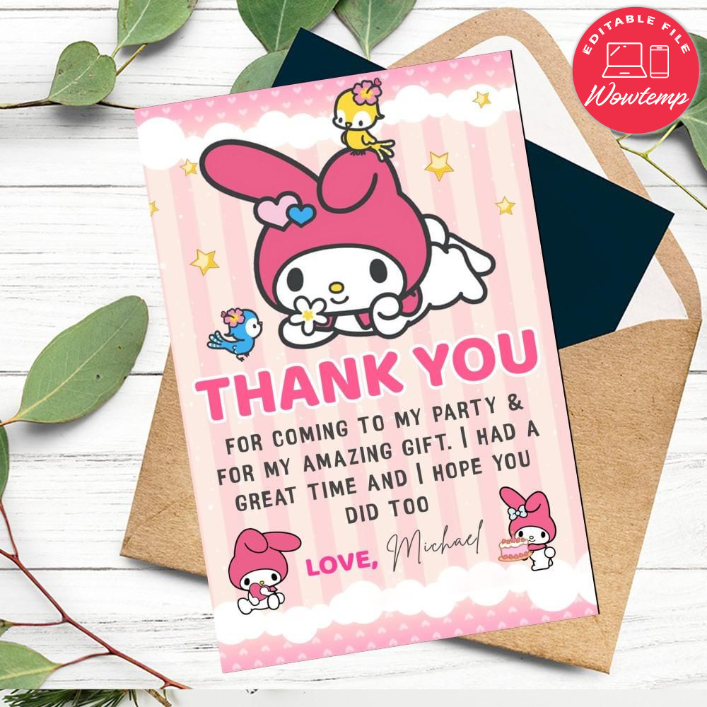 My Melody Thank You Card Customizable Template DIY | Wowtemp