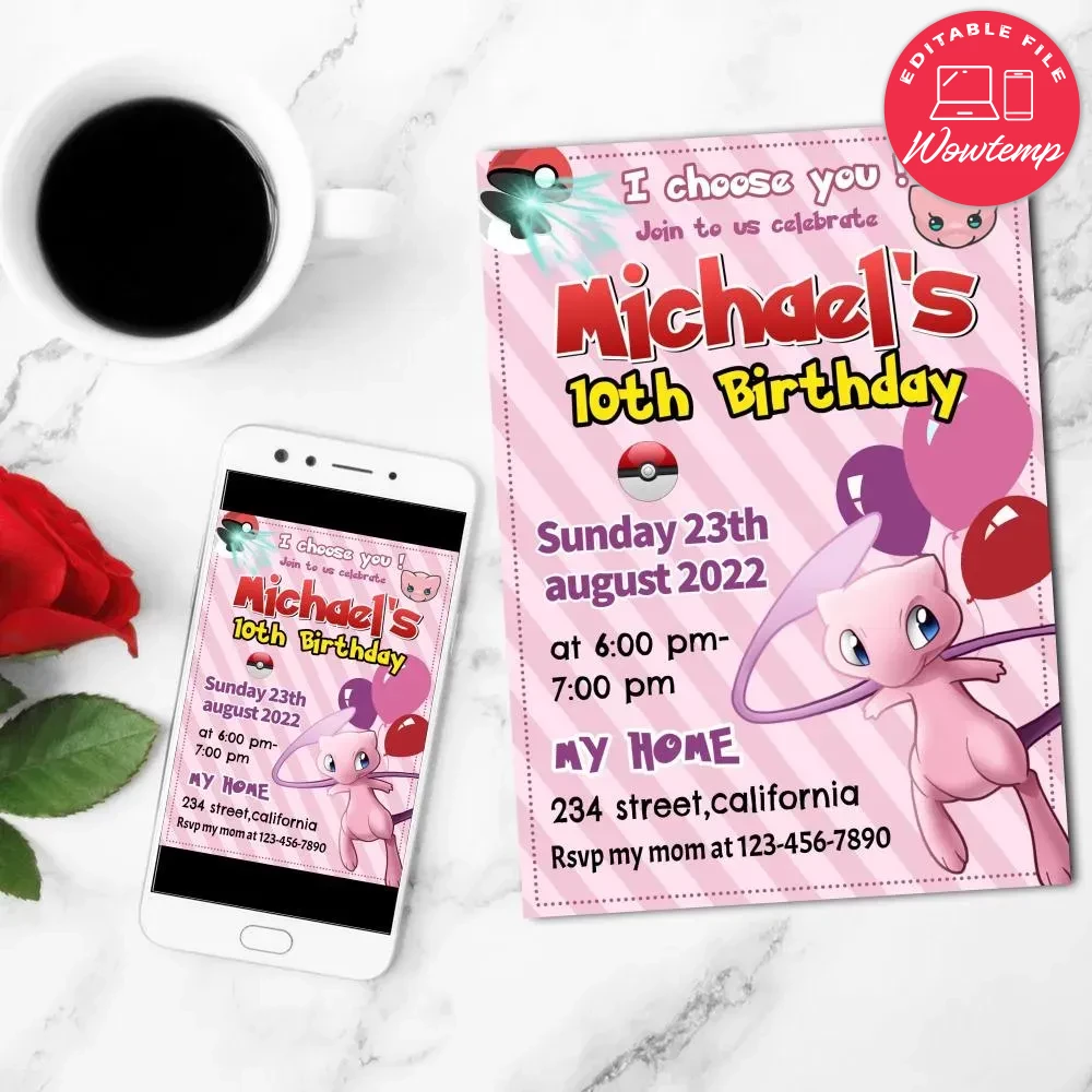 Mew Pokemon Invitation Customizable Template DIY | Wowtemp