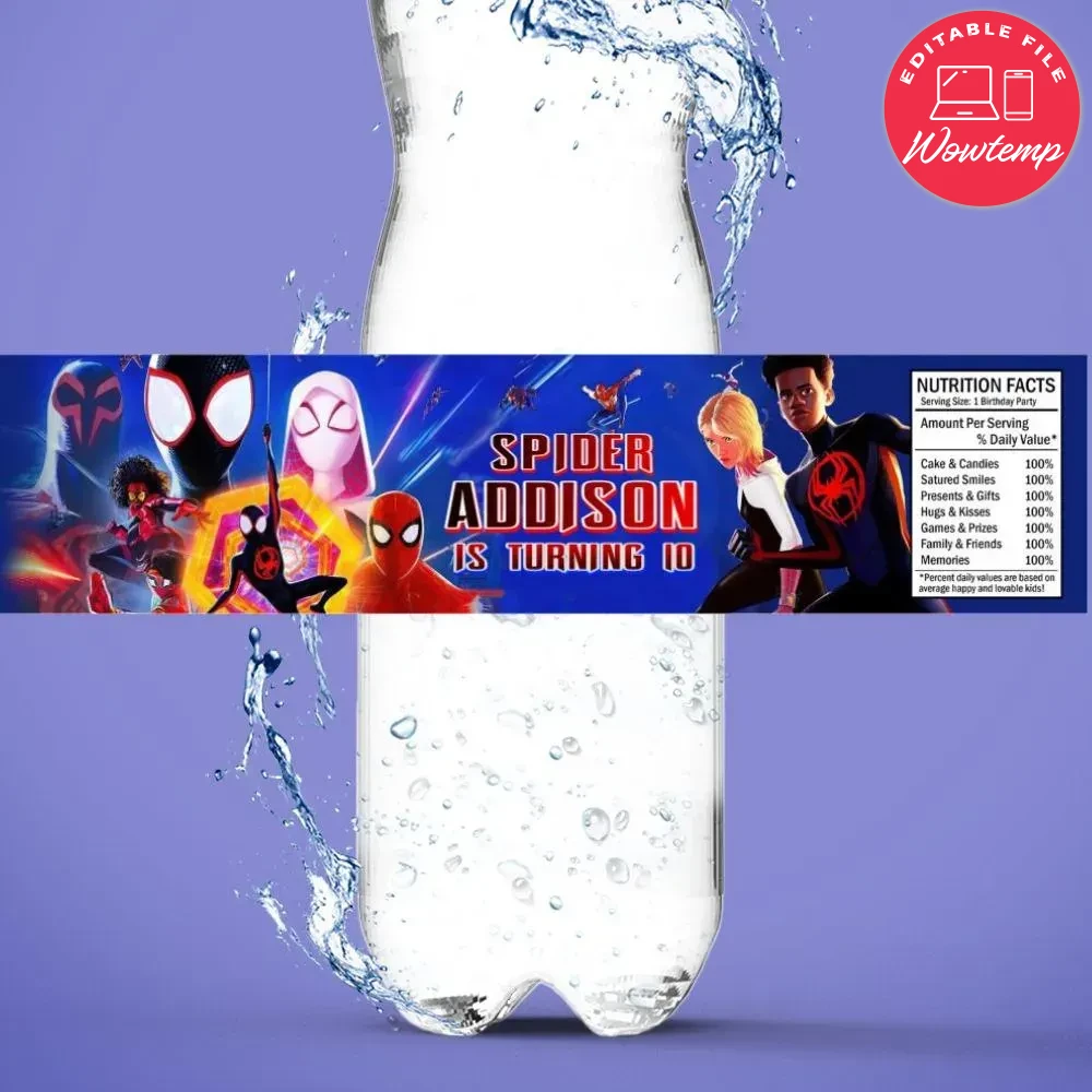 Spiderman Across SpiderVerse Birthday Water Bottle Label Template | Wowtemp