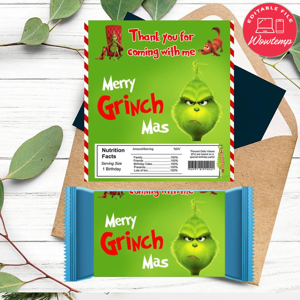 Grinch Candy bar Label Customizable Template DIY | Wowtemp