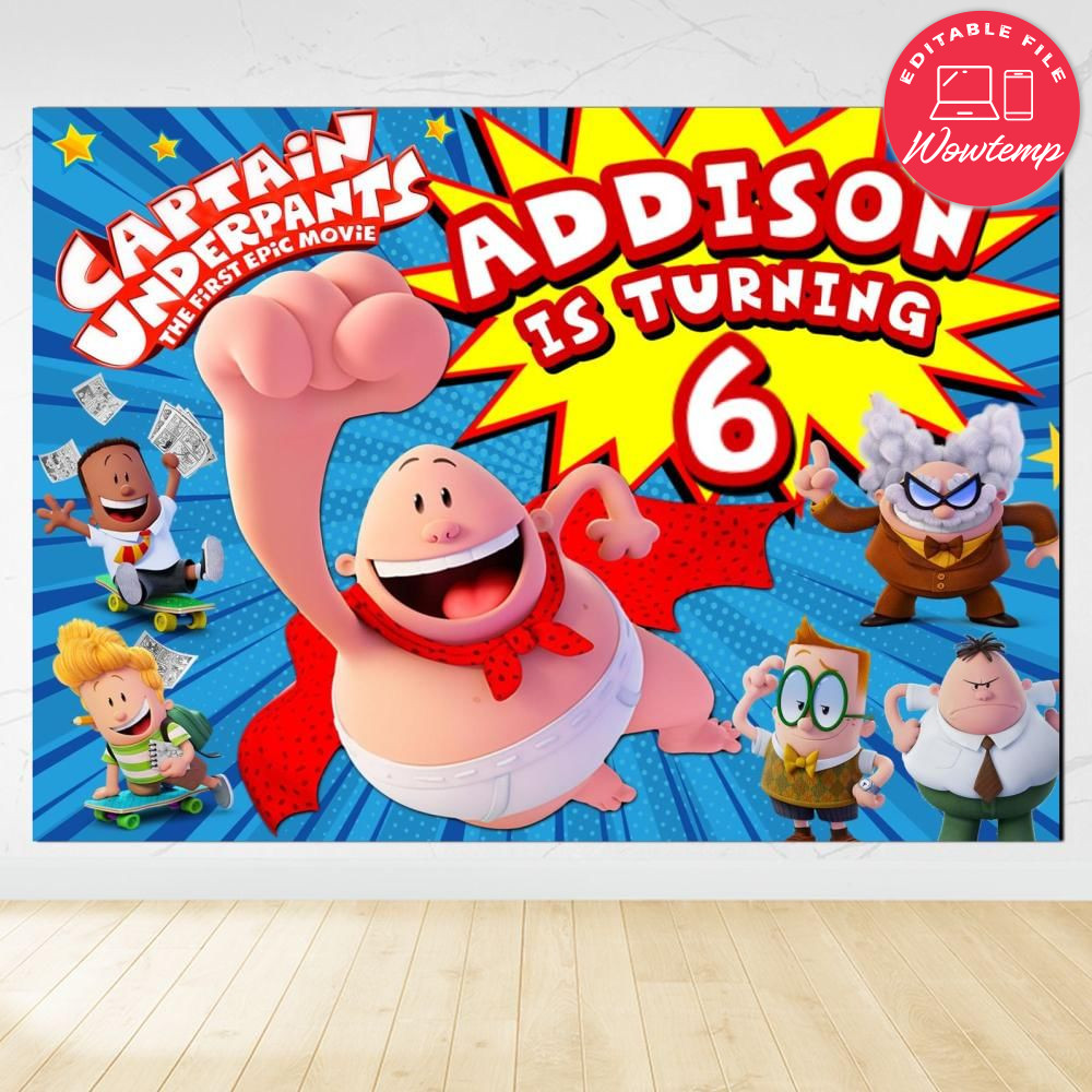 Captain underpants Birthday Backdrop Digital File Template | Wowtemp