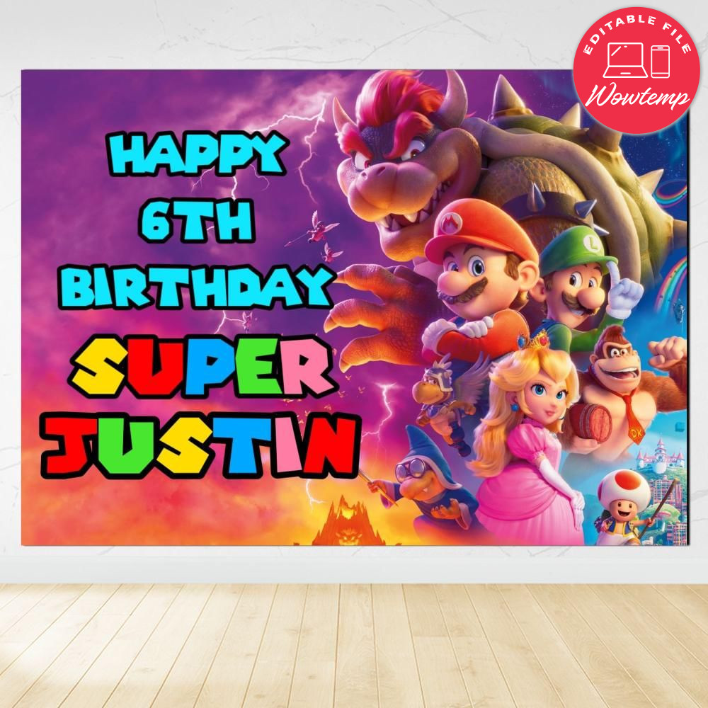 Super Mario Bros Birthday Backdrop Digital File Template | Wowtemp