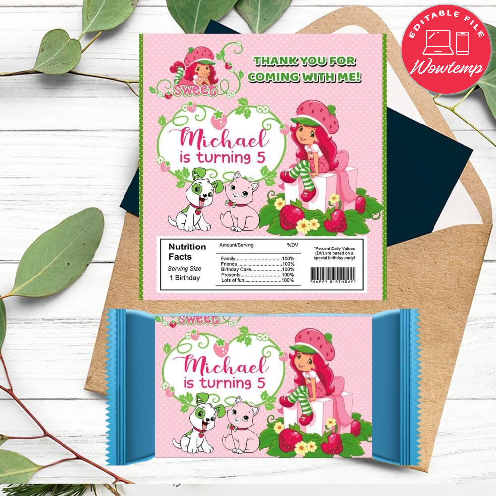 Strawberry Shortcake Candy bar Label Customizable Template DIY | Wowtemp