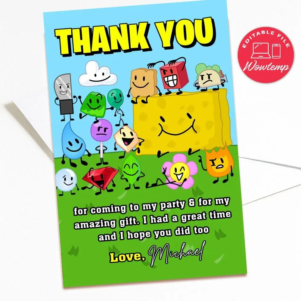 Battle For Dream Island Thank You Card Customizable Template DIY | Wowtemp