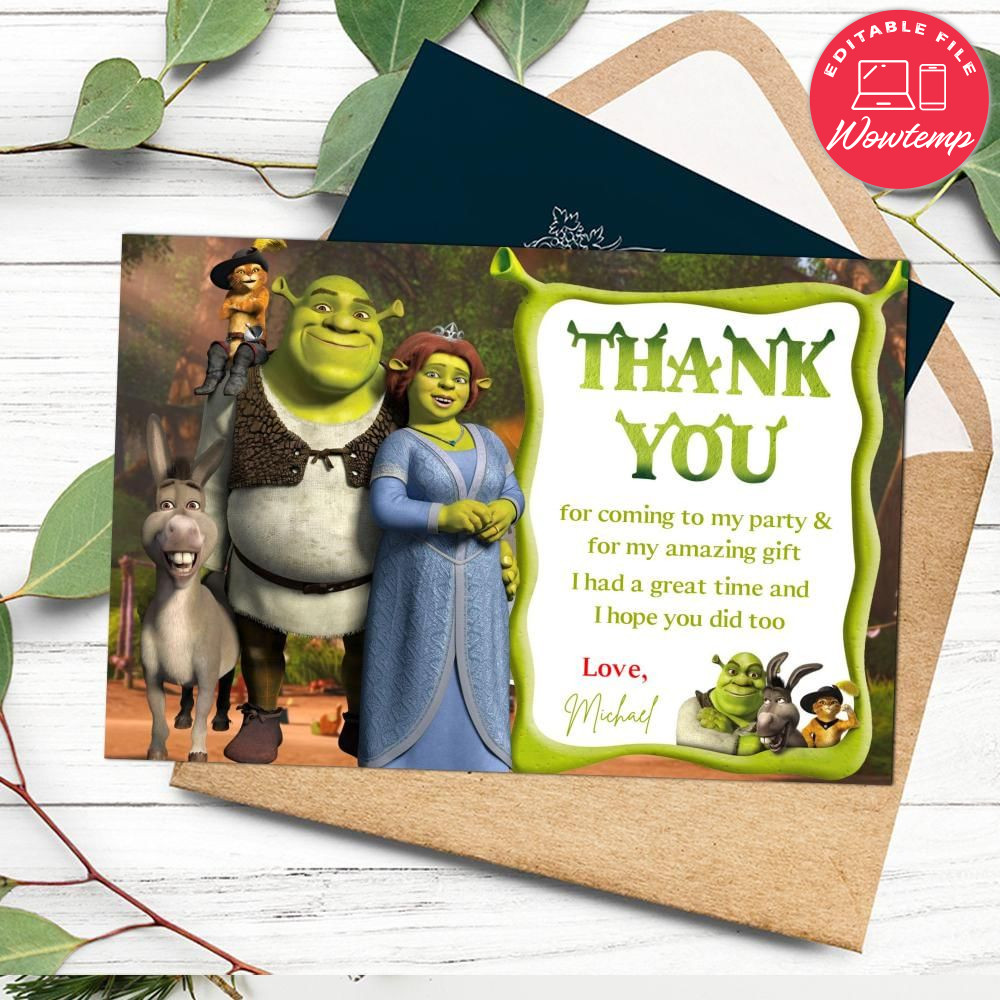 Shrek Thank You Card Customizable Template DIY | Wowtemp