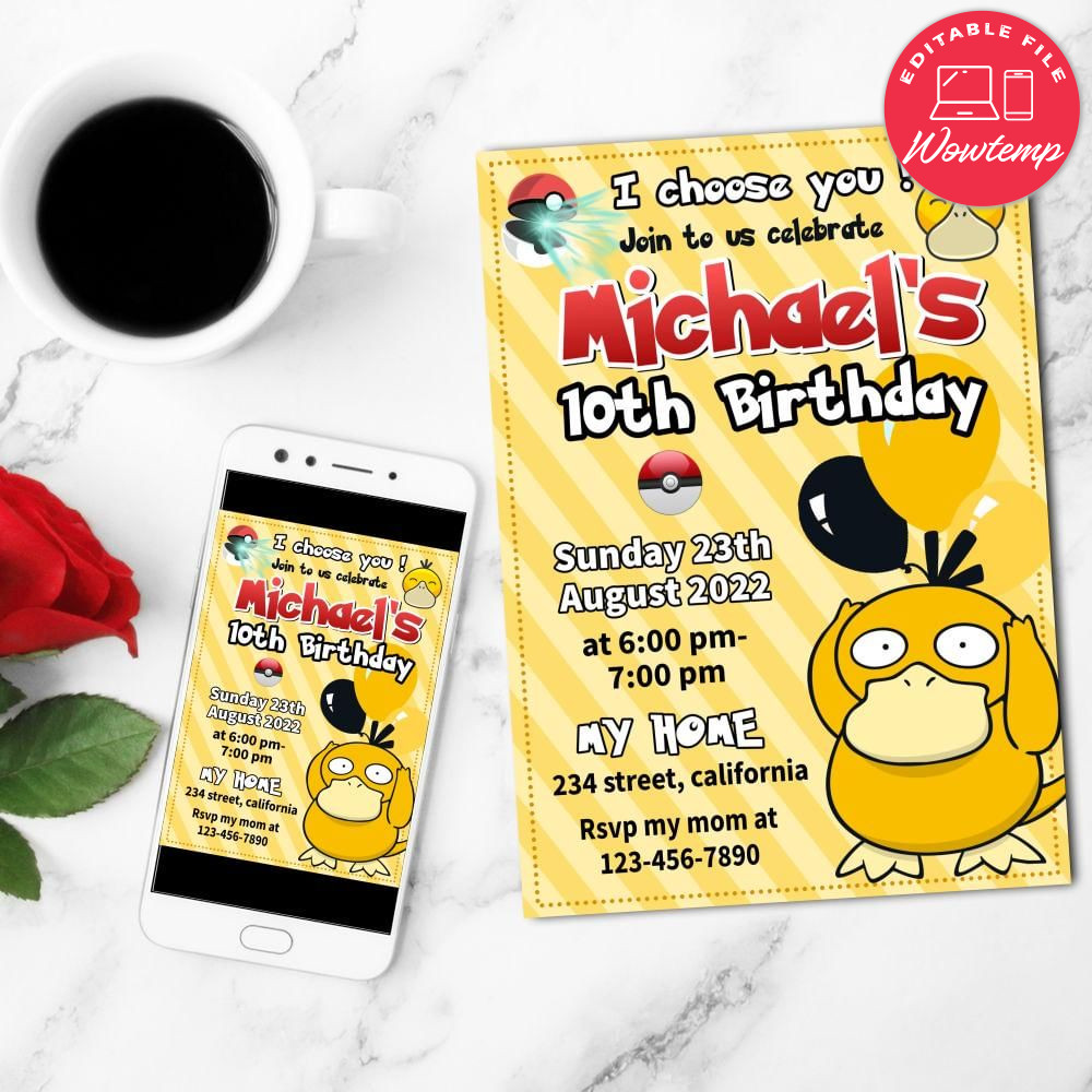 Psyduck Invitation Customizable Template DIY | Wowtemp