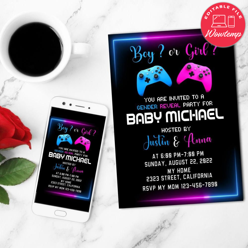 Game Controller Gender Reveal Invitation Customizable Template | Wowtemp