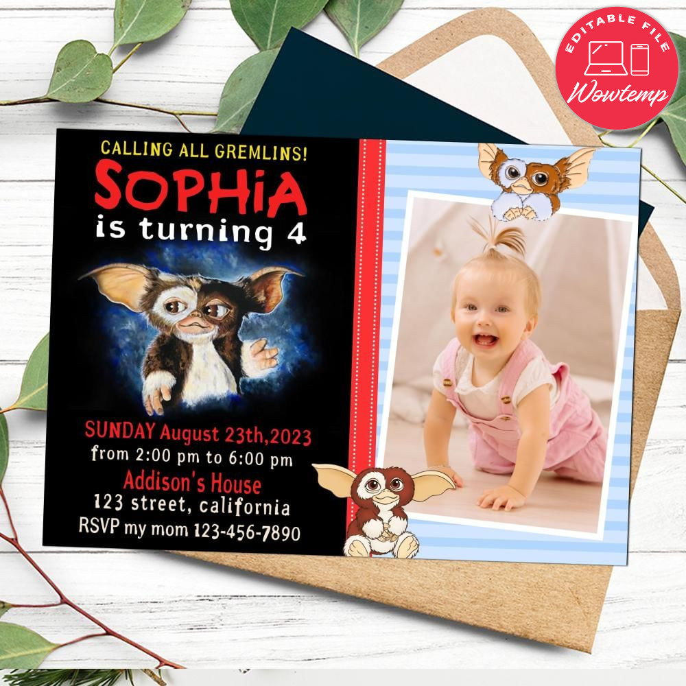Gremlins Gizmo Birthday Invitation With photo Customizable DIY | Wowtemp