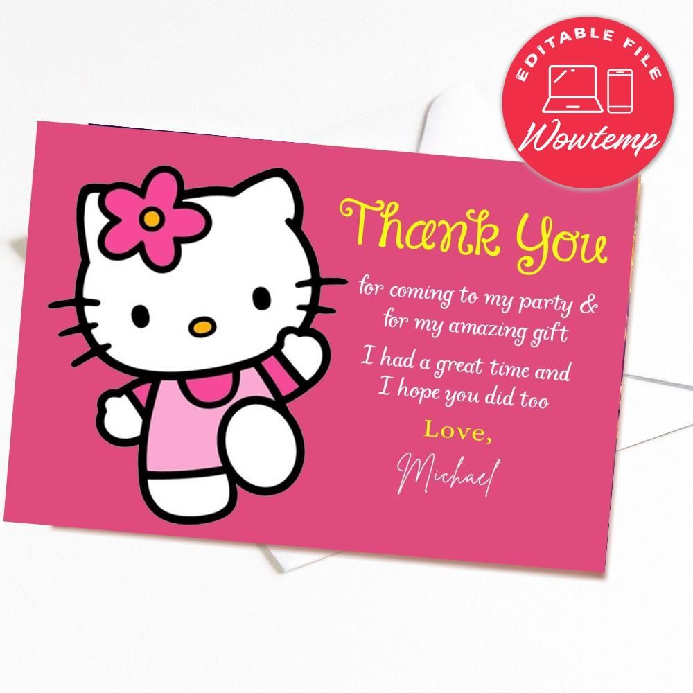 Hello Kitty Thank You Card Customizable Template DIY | Wowtemp
