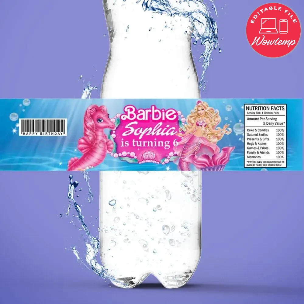Sirena barbie Birthday Water Bottle Label Template | Wowtemp