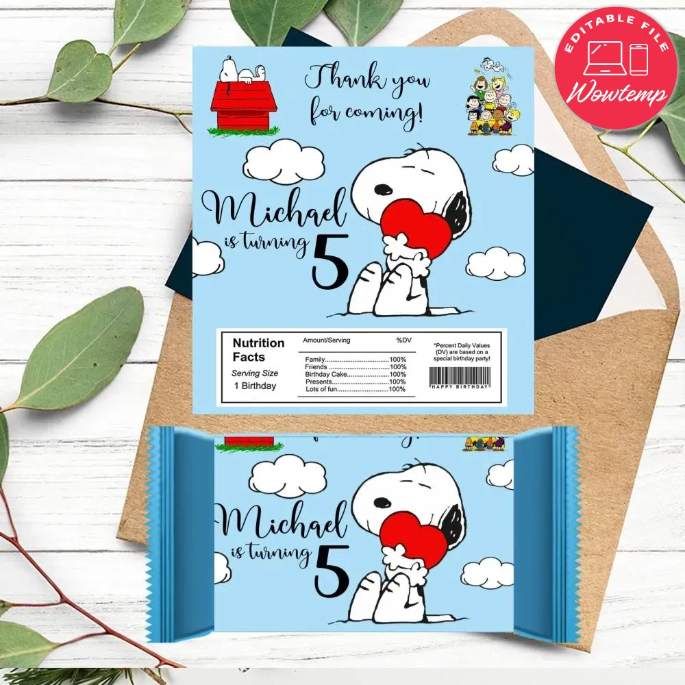 Snoopy Candy bar Label Customizable Template DIY | Wowtemp