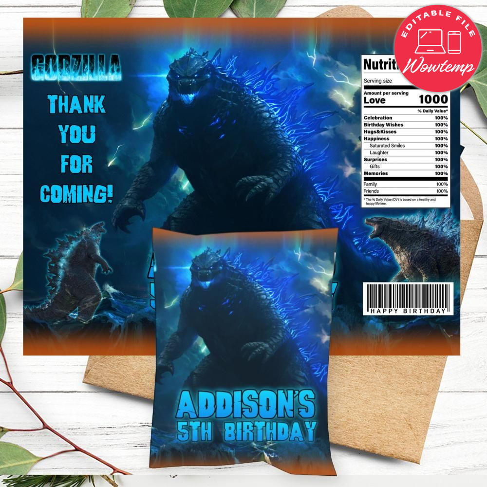 Godzilla Birthday Party Chip Bag Digital File DIY | Zingtemp