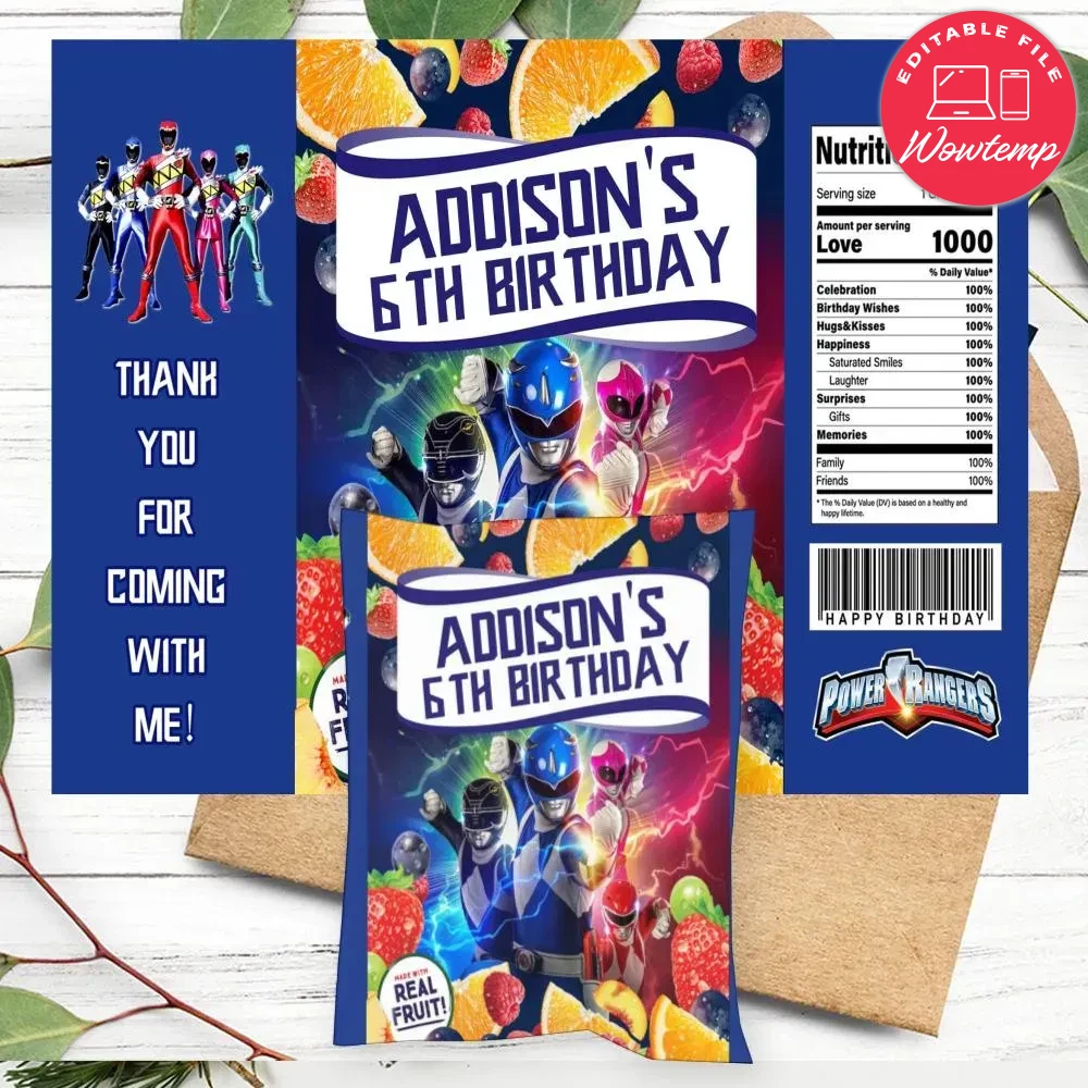 Power Rangers Birthday Party Fruit Snack Bag Digital File | Wowtemp