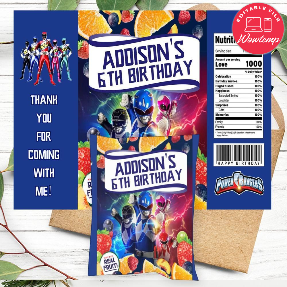Power Rangers Birthday Party Fruit Snack Bag Digital File | Wowtemp