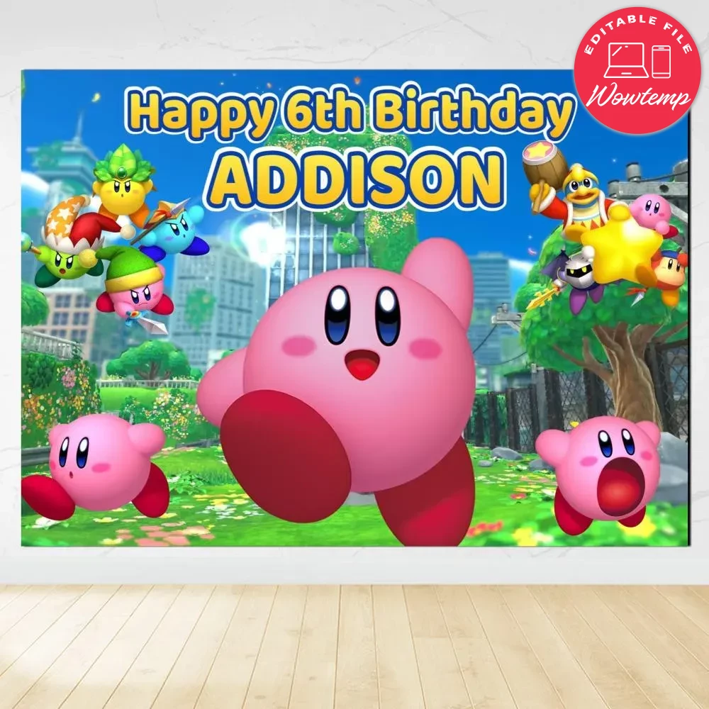 Kirby Birthday Backdrop Digital File Template | Wowtemp