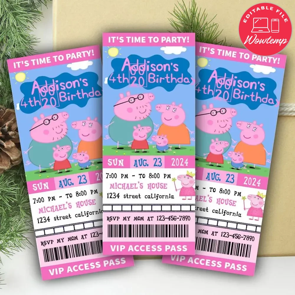 Peppa Pig Ticket Invitation Customizable Template | Wowtemp