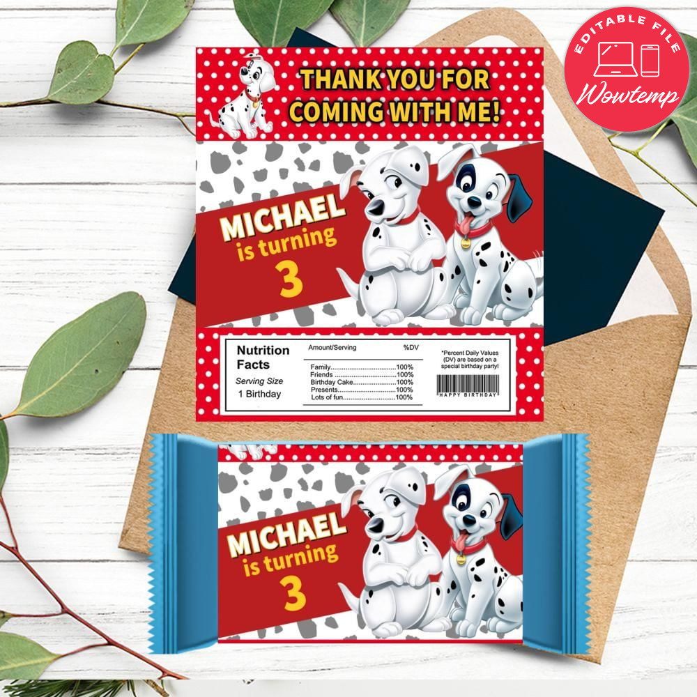 101 Dalmatians Candy bar Label Customizable Template DIY | Wowtemp