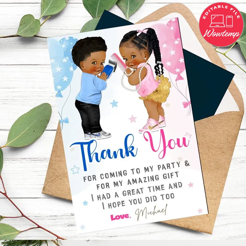 Fades Or Braids Gender Reveal Thank You Card Customizable Template DIY ...