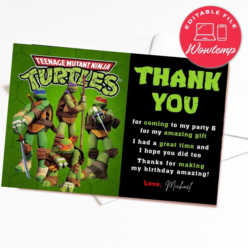 Ninja Turtle Thank You Card Customizable Template DIY | Wowtemp