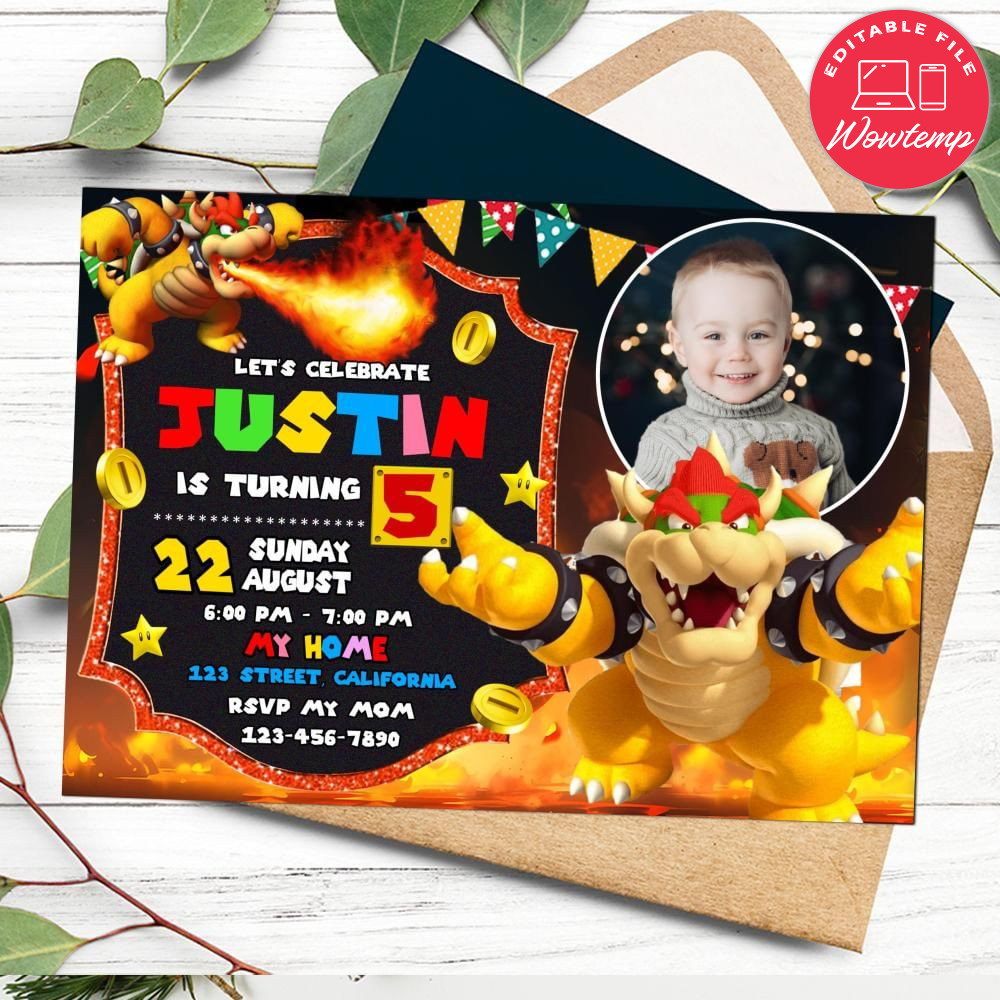 Bowser Birthday Invitation with Photo Customizable | Wowtemp