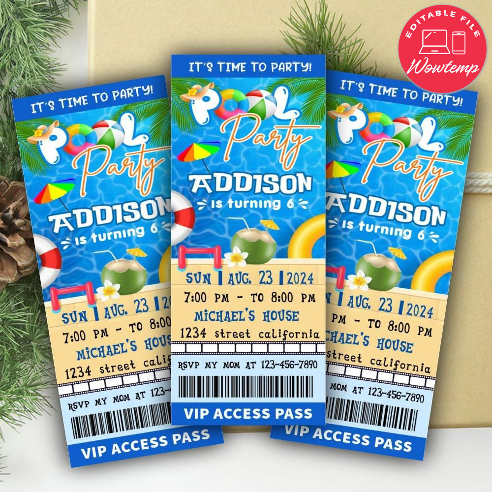 Pool Party Ticket Invite Customizable Template | Wowtemp