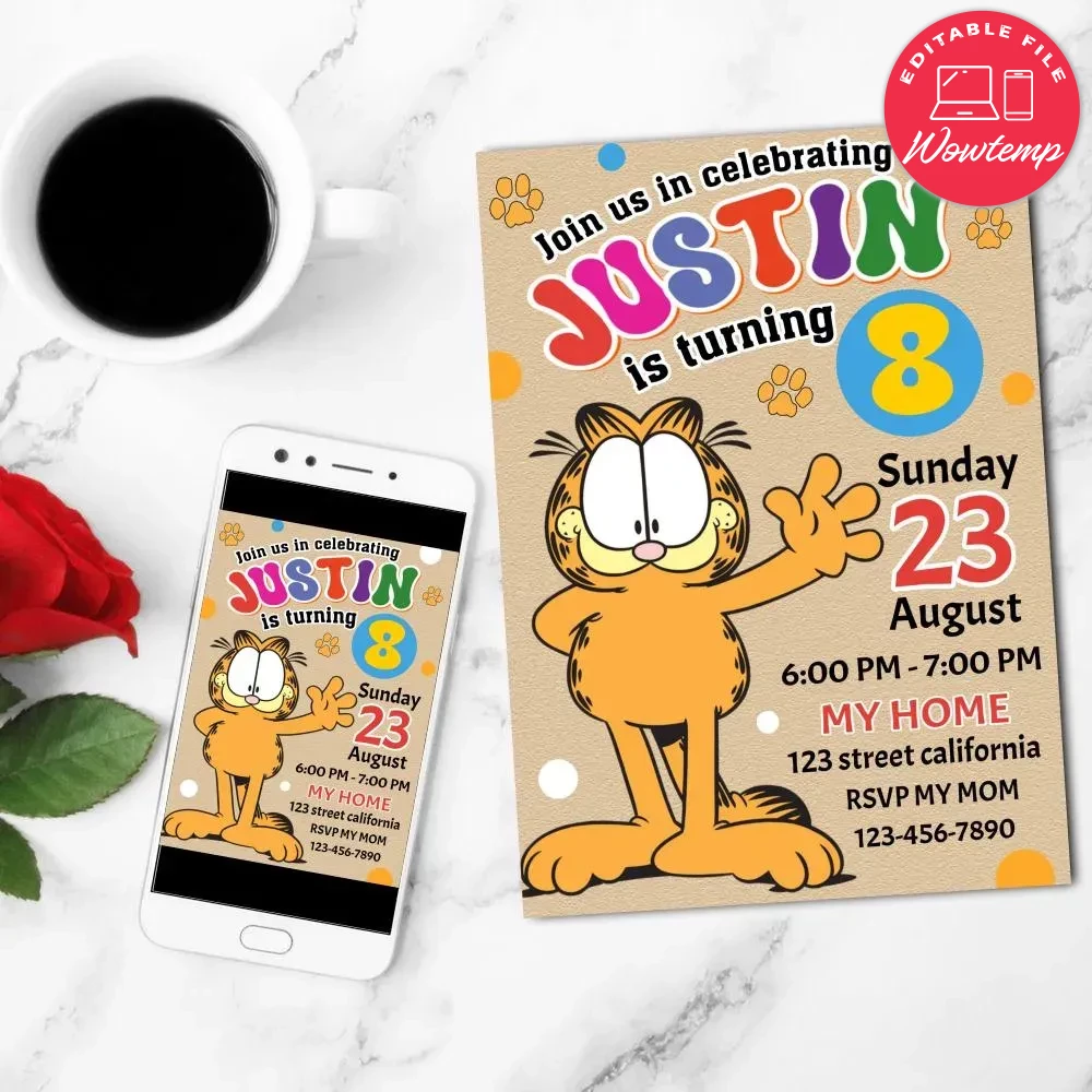 Garfield Digital Invitation Customizable Template DIY | Wowtemp