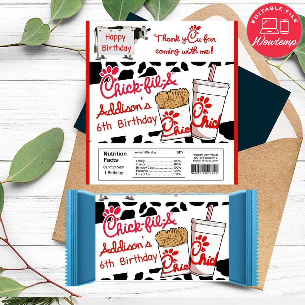 Chick fil Candy bar Label Customizable Template DIY | Wowtemp