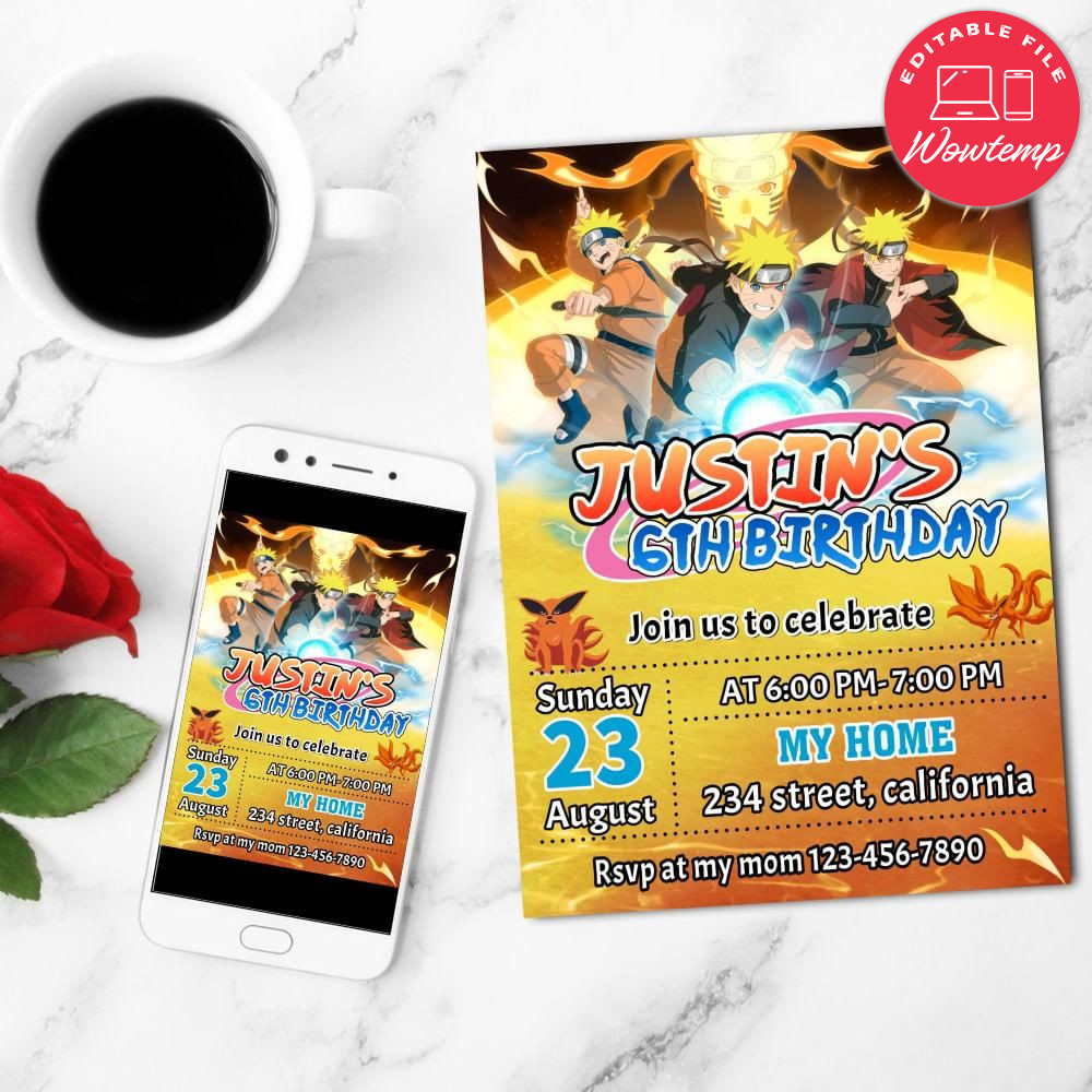 Naruto Shippuden Birthday Invitation Customizable Template DIY | Wowtemp